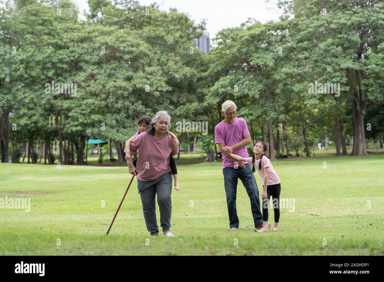 Senior couple with granddaughter on a walk outside in nature. Seniors ...