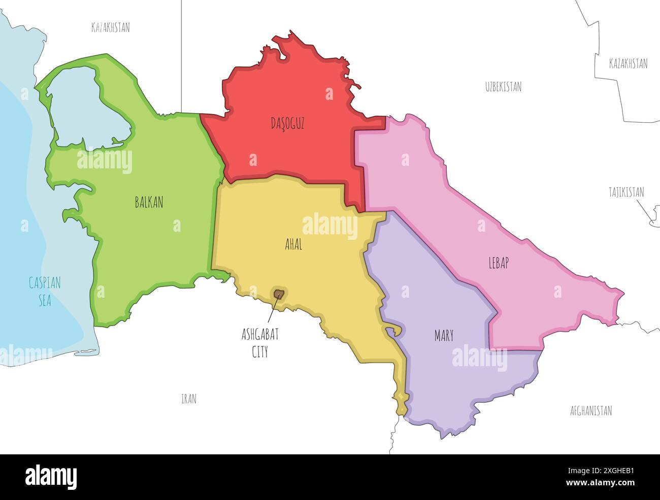 Vector illustrated regional map of Turkmenistan with provinces, capital city district and ...