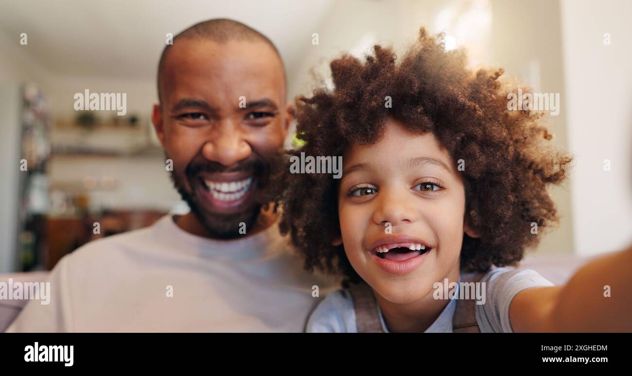 Dad, son and portrait in home for selfie, bonding and profile picture ...