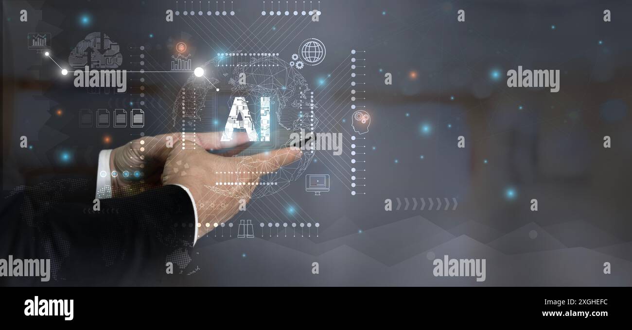 Businessman touching the brain working of Artificial Intelligence (AI ...