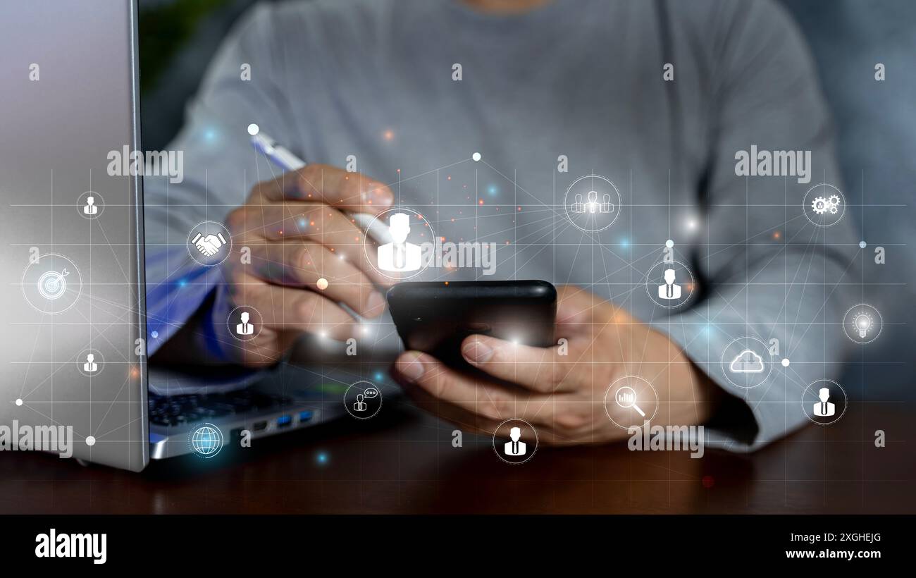 Customer Relationship Management ,Businessman hold of global structure ...