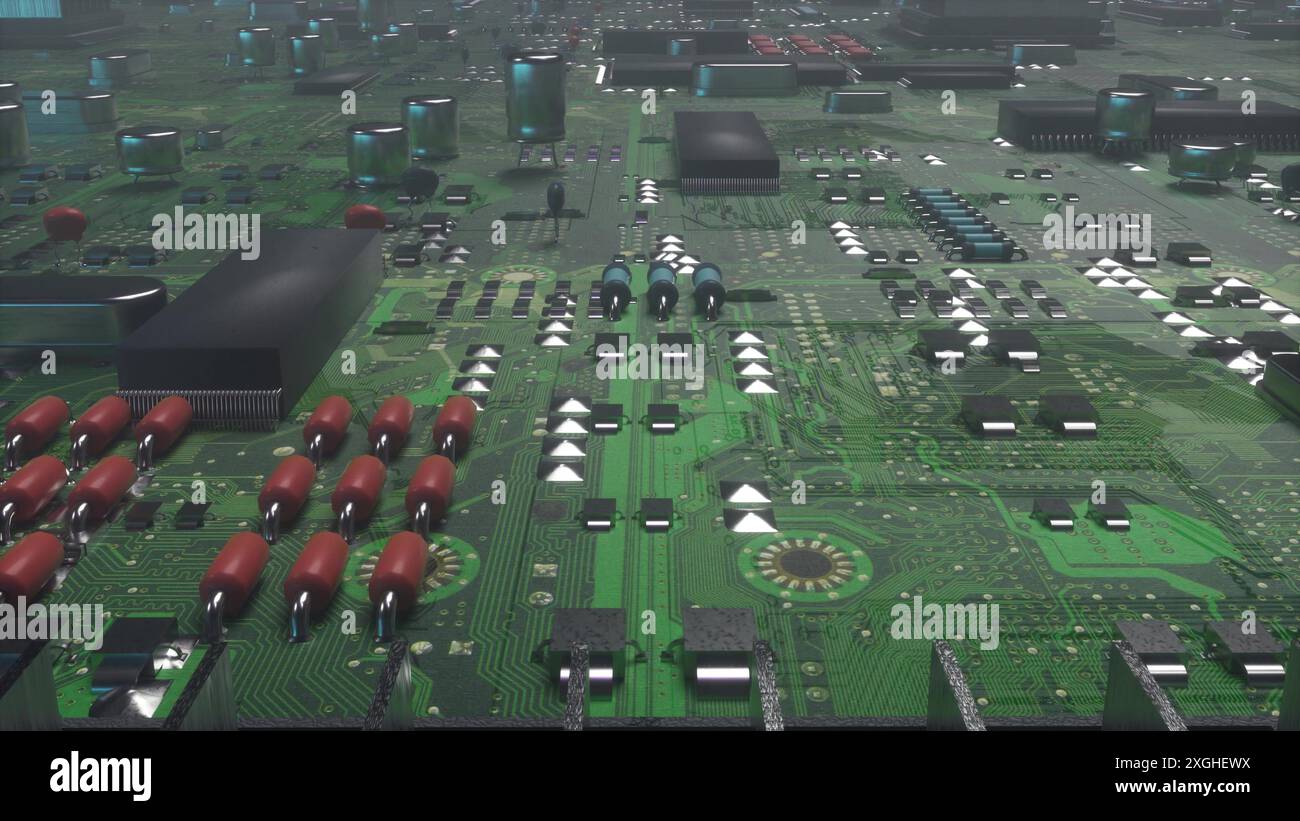 Camera moving forward above endless motherboard. High tech electronic ...