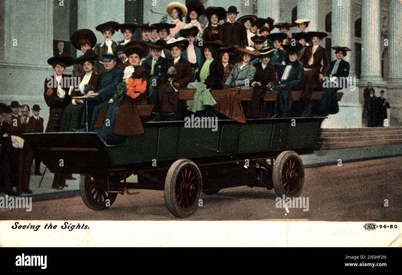 tourism, city tours, bus for sightseeing tours, USA, coloured picture ...