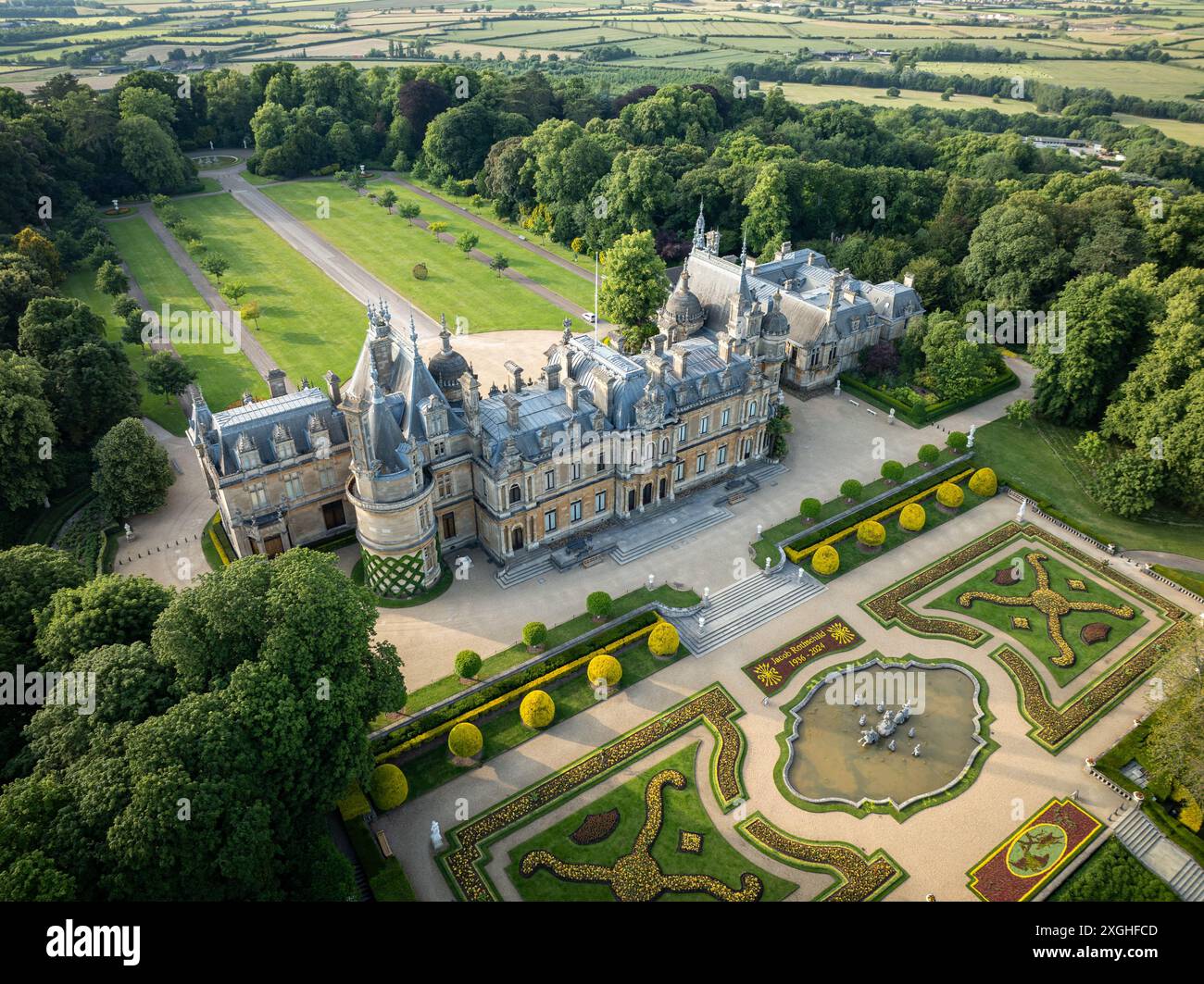 Drone shot of the beautiful French Chateau inspired Victorian Manor House, Waddesdon Manor Stock ...