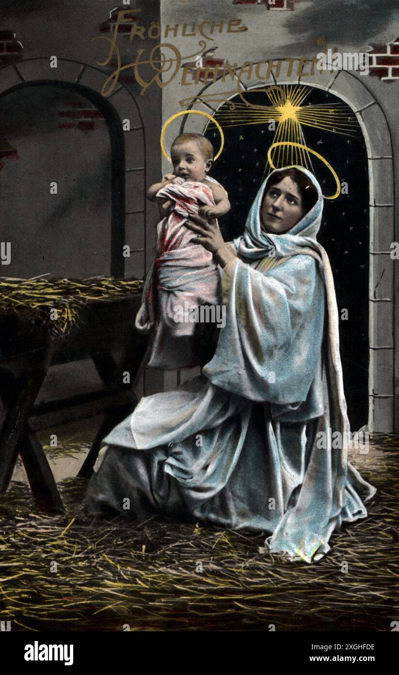 Christmas, greeting card, Mary with infant Jesus in Nativity scene ...