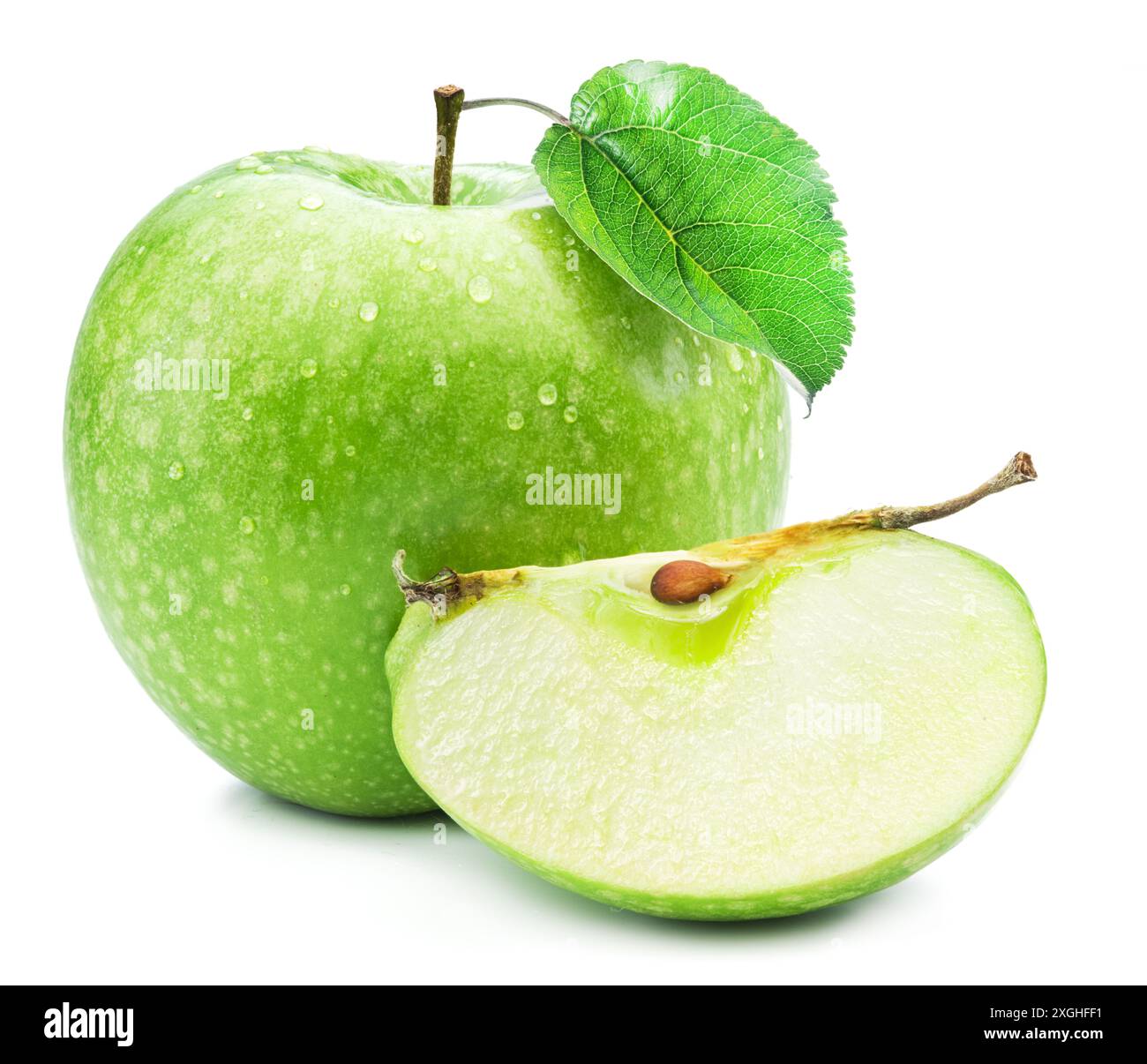 Green apple covered with small water drops and apple slice isolated on ...