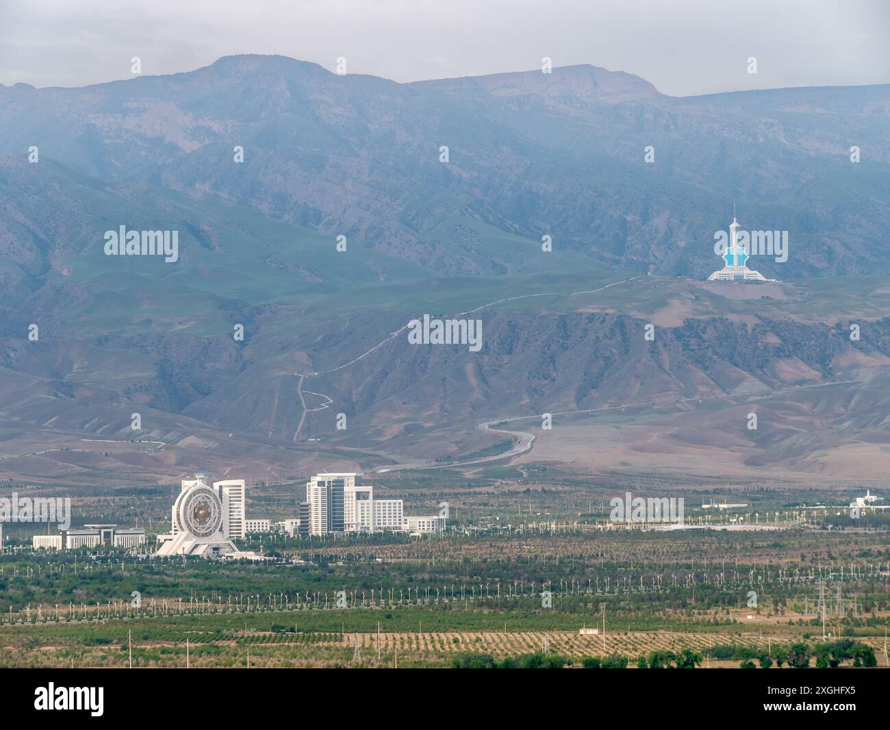 Landscape of Ashgabat with Alam Center and Turkmenistan TV Tower seen ...