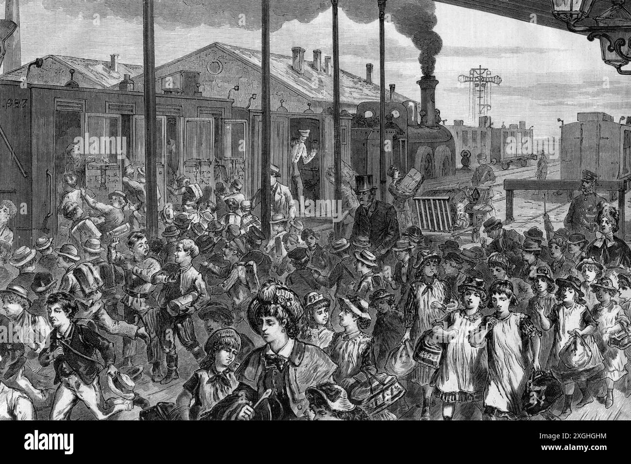tourism, tourists, departure of holiday colony, adapted from drawing by ...