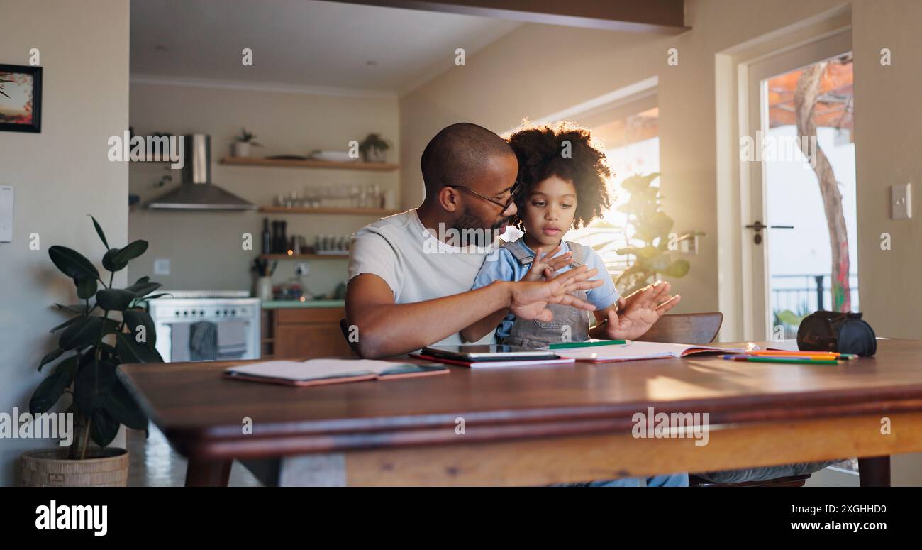 African man, child and math homework with helping hand, counting and ...