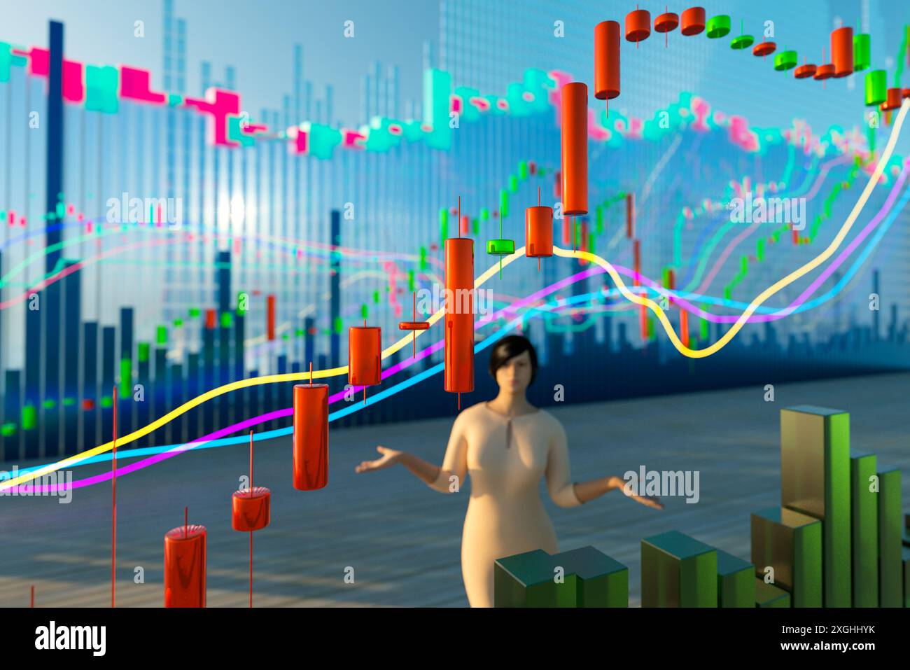 3D chart with a downward trend. Candlestick chart with indicators ...