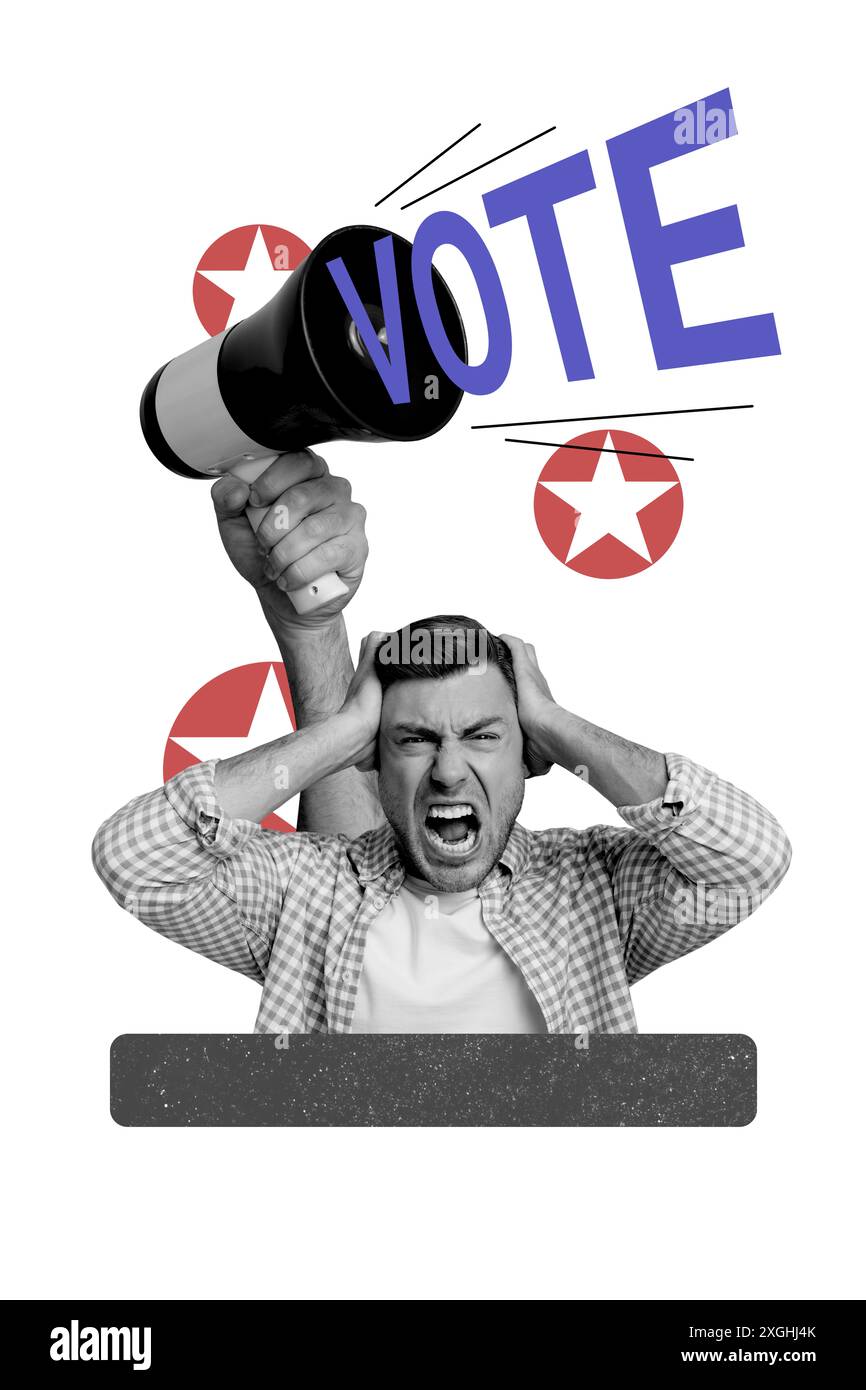 Creative trend collage of hand hold toa loud announcement vote election ...