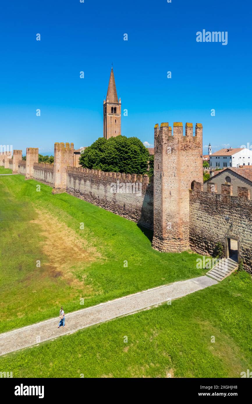 Aerial view of the medieval city walls of the town of Montagnana and ...