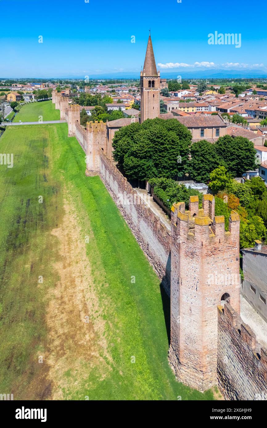 Aerial view of the medieval city walls of the town of Montagnana and ...