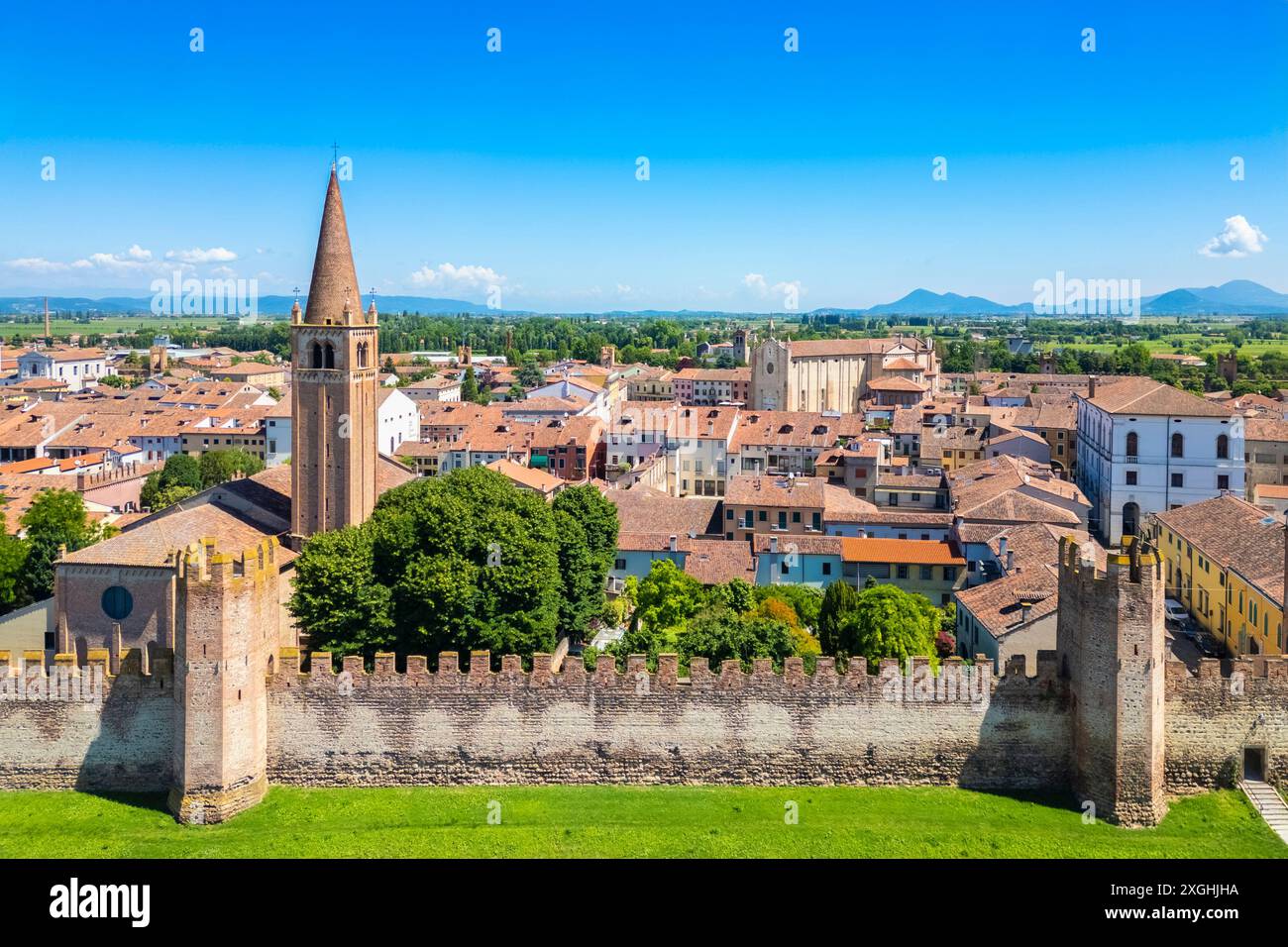 Aerial view of the medieval city walls of the town of Montagnana and ...