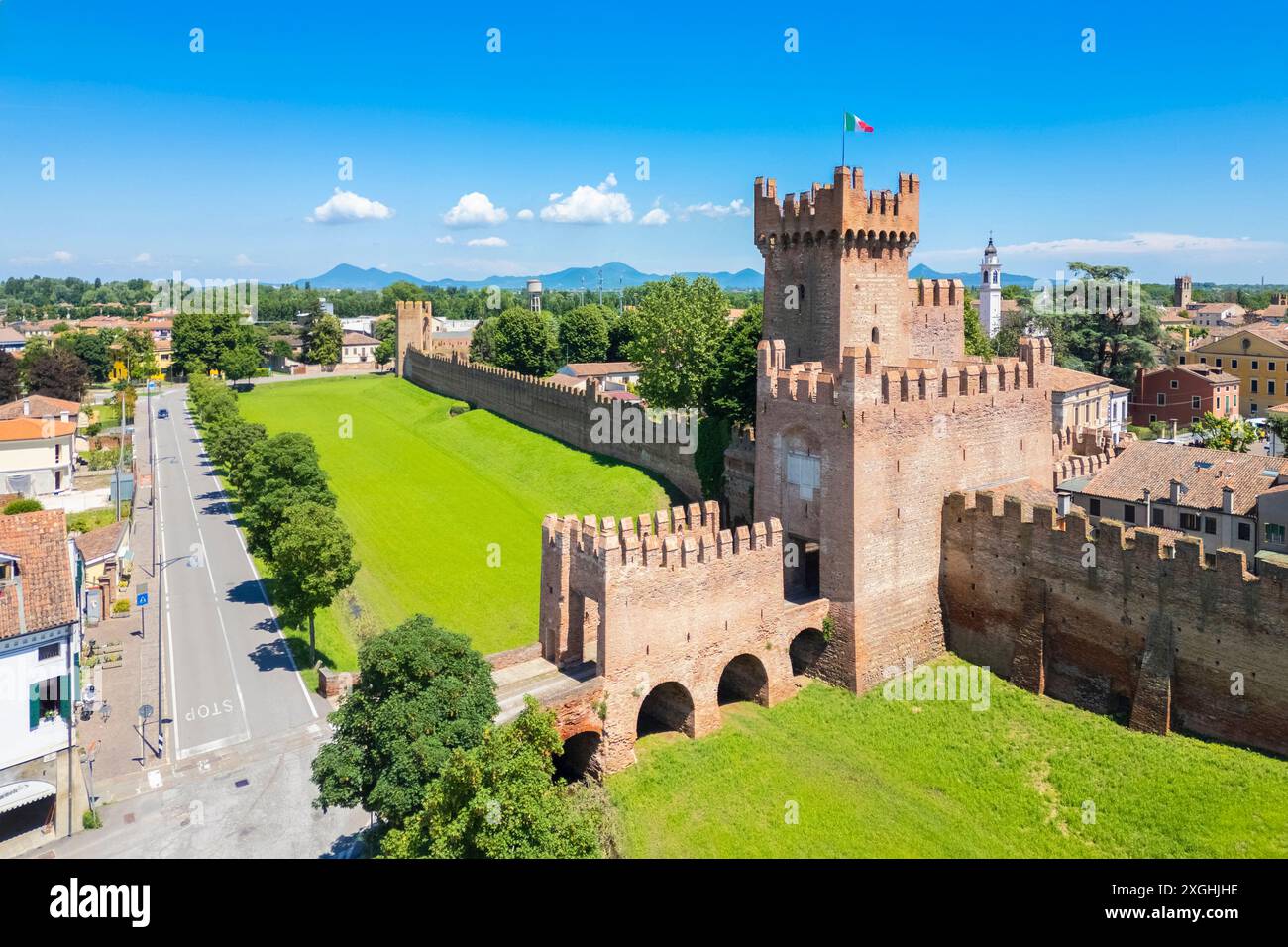 Aerial view of the medieval city walls of the town of Montagnana and ...