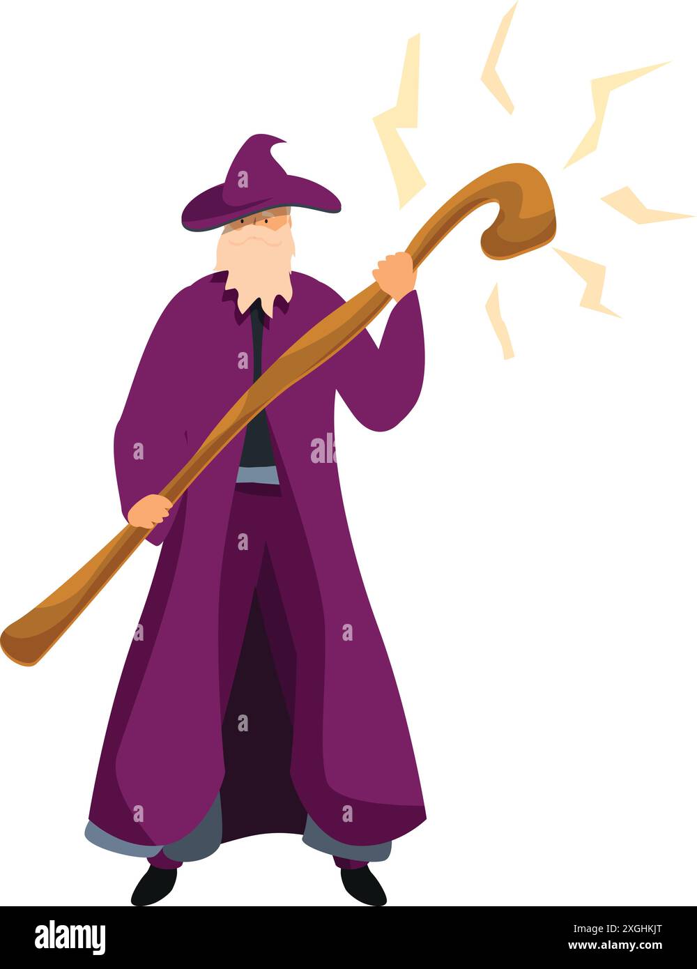 Magician wearing purple robe holding a wooden magical staff generating ...