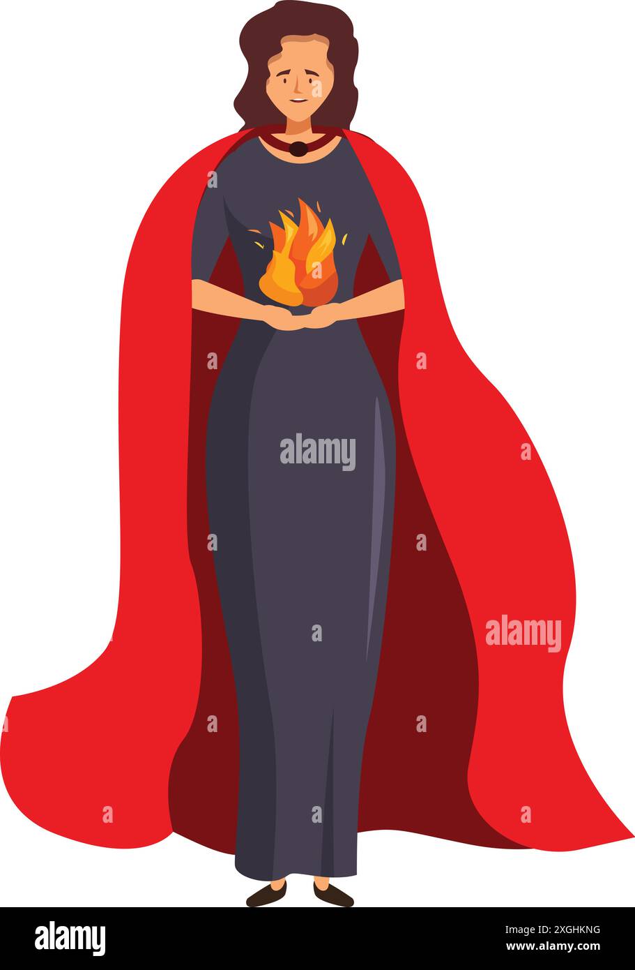 Woman wearing a long red cloak holding fire in her hands, supernatural ...