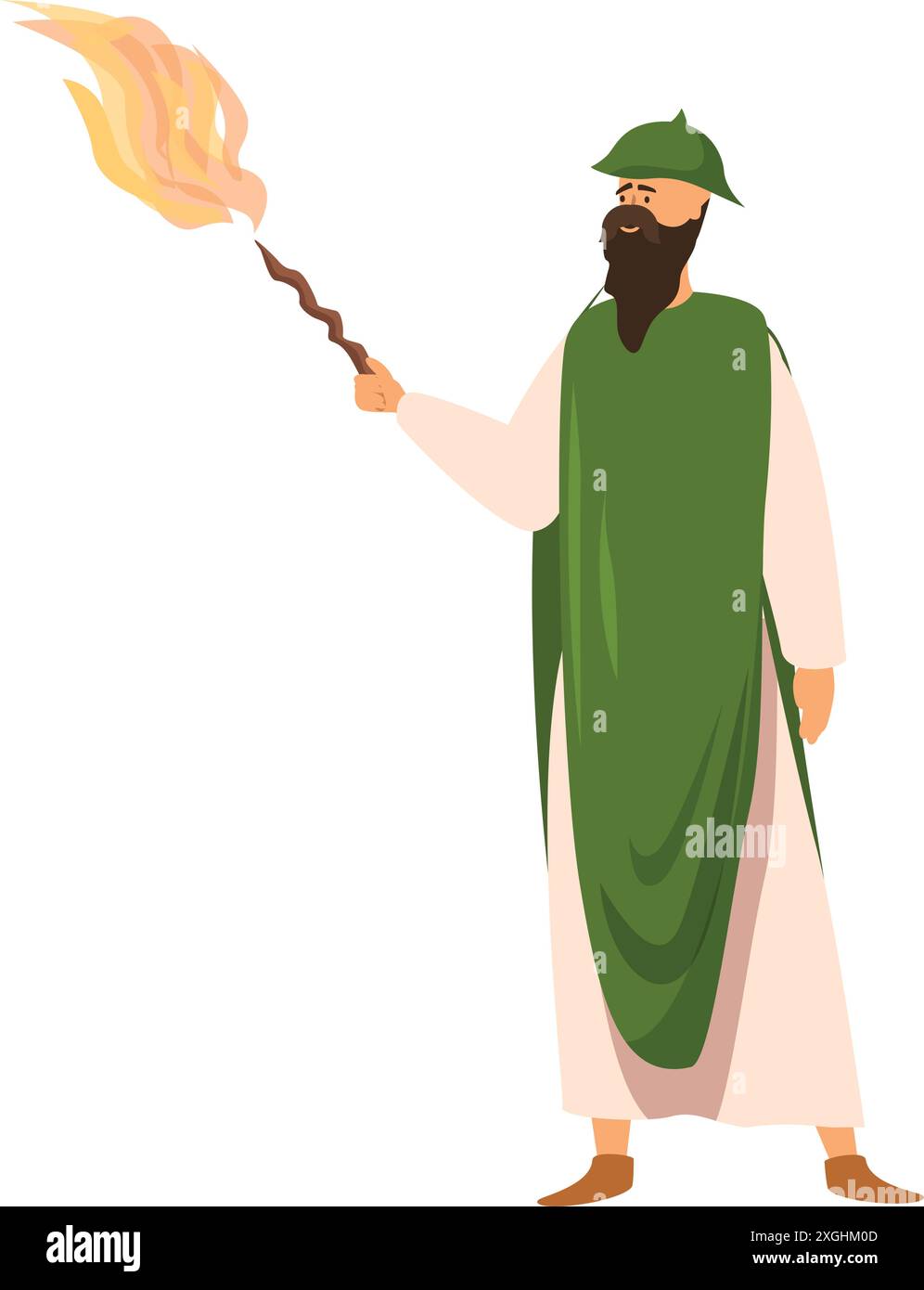 Medieval man holding a burning torch, isolated on white background ...