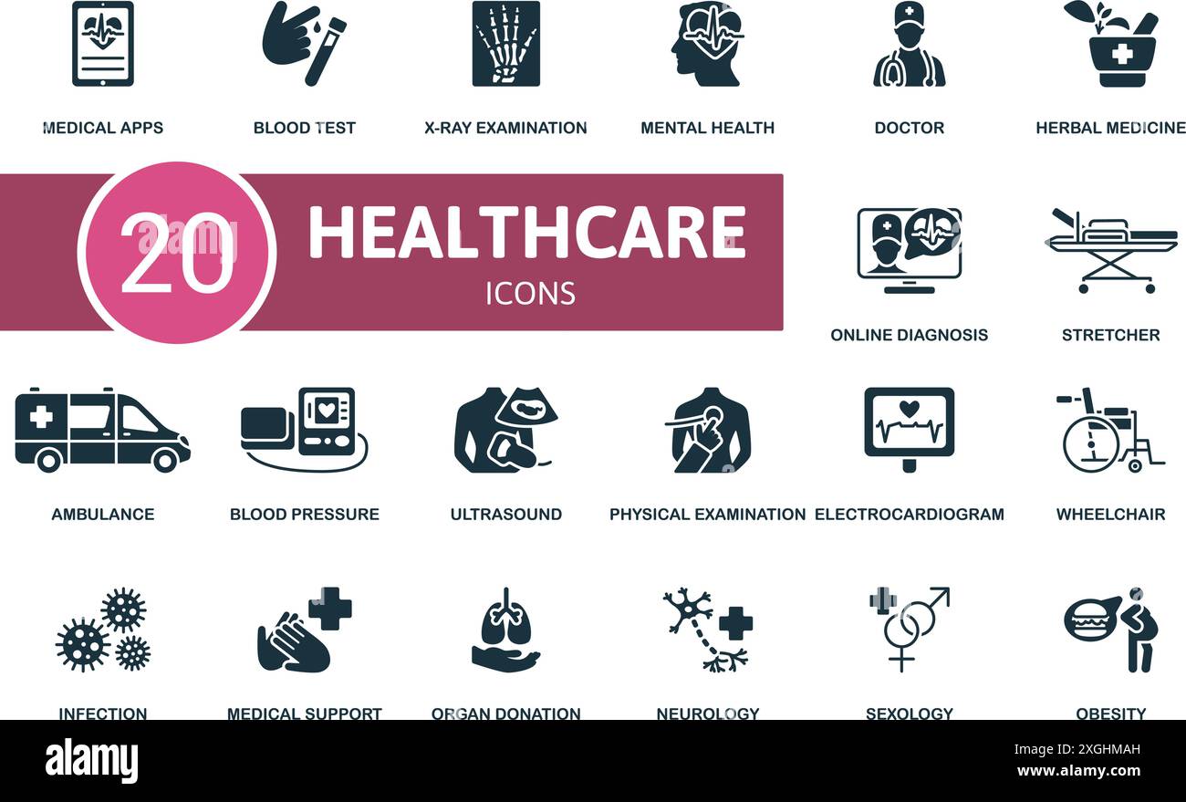 Healthcare icon set. Medical Apps, Blood Test, X-Ray Examination ...