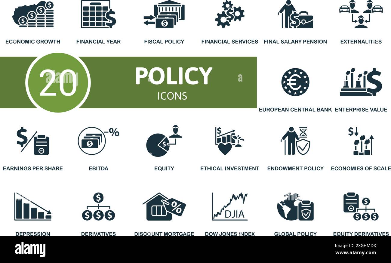 Policy icon set. Economic Growth, Financial Year, Fiscal Policy ...