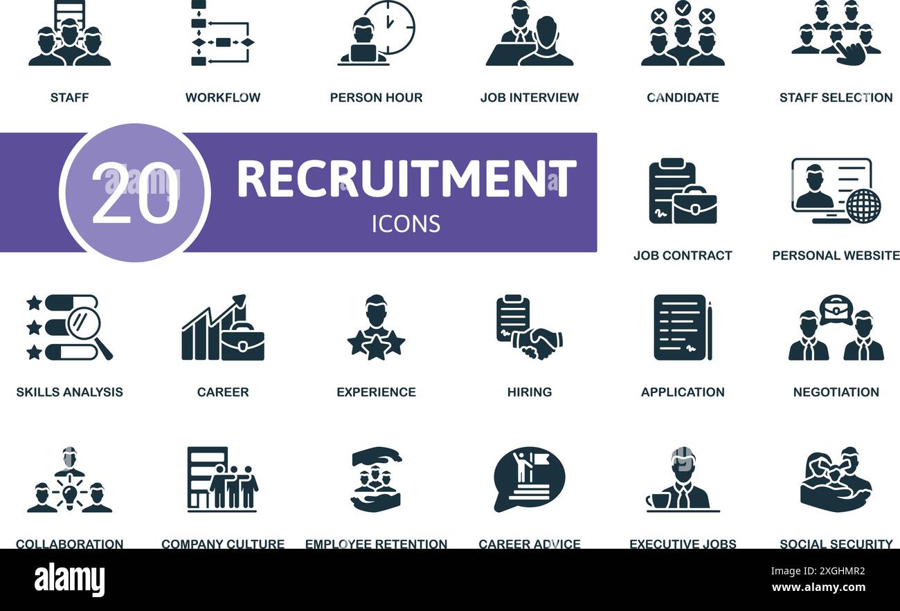 Recruitment icon set. Staff, Workflow, Person Hour, Job Interview ...