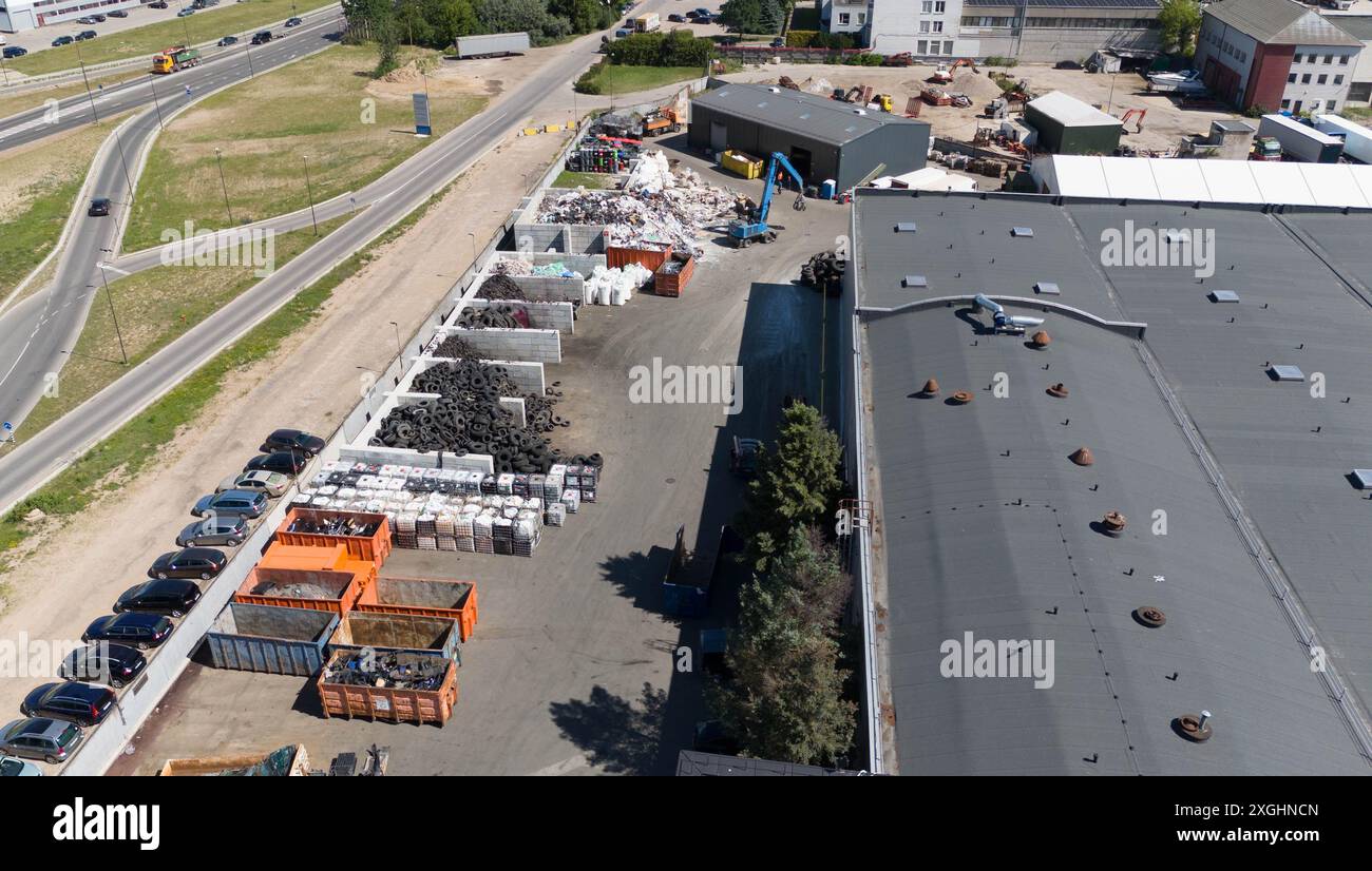 Drone photography of recycling center and machinery sorting material ...