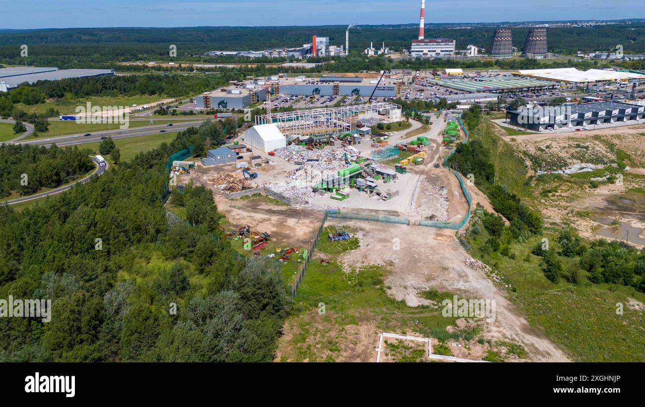 Drone photography of recycling center and machinery sorting material ...