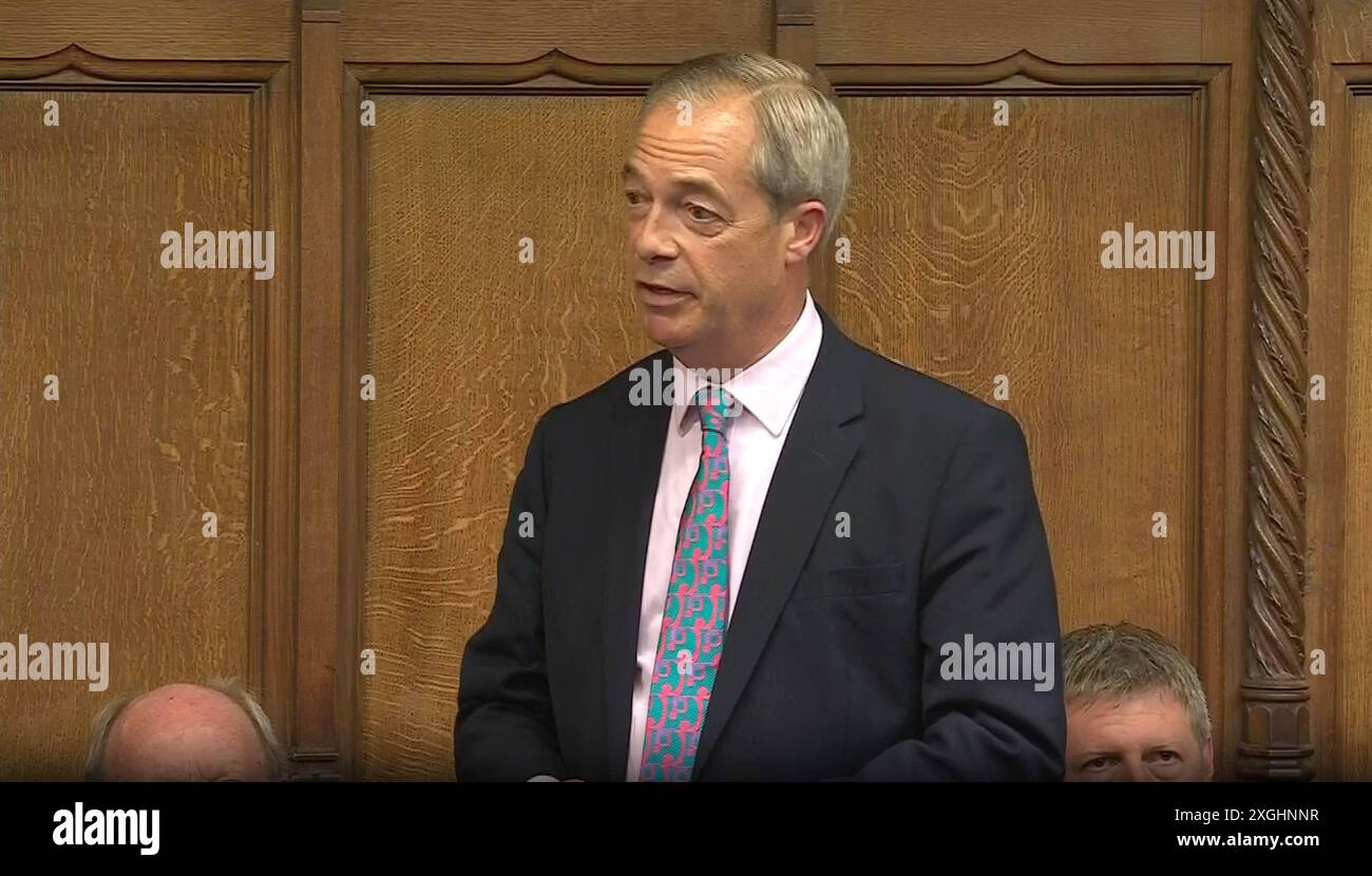 Reform UK leader, Nigel Farage speaking in the House of Commons, London ...