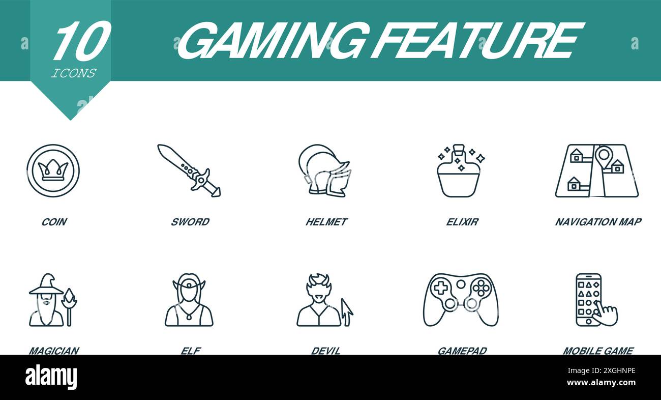 Gaming feature outline icons set. Coin, sword, helmet, elixir, magician ...