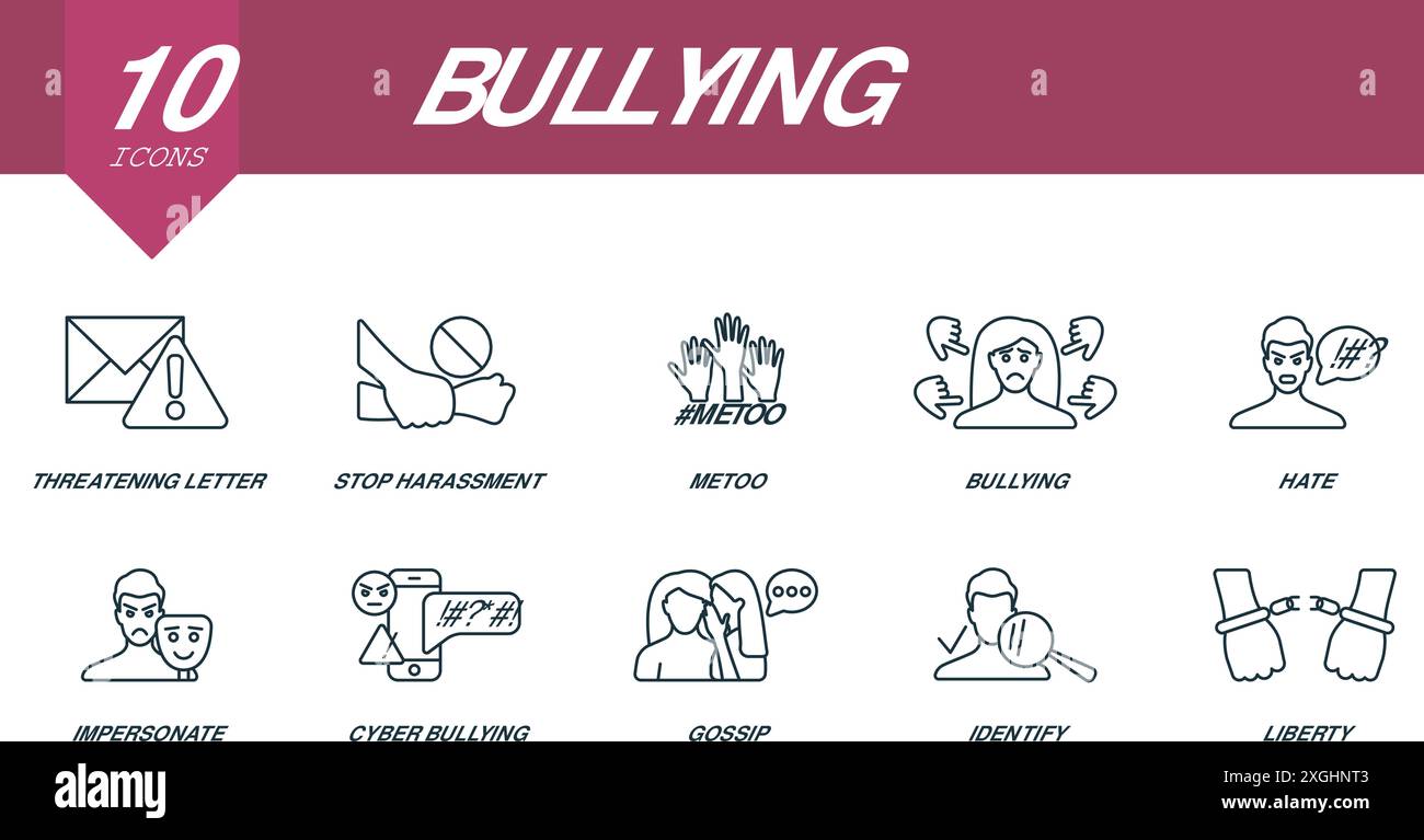Bullying outline icons set. Creative icons: threatening letter, stop ...