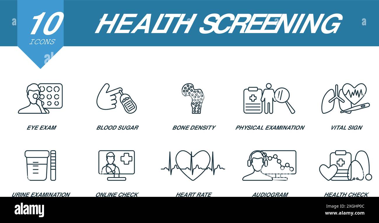 Health screening outline icons set. Creative icons: eye exam, blood ...