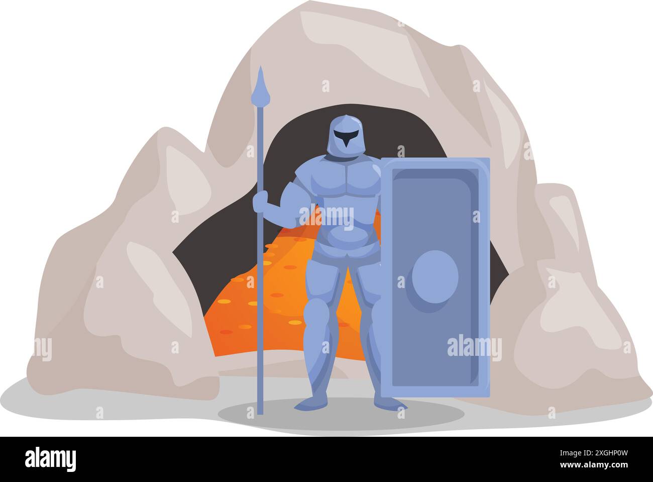 Medieval warrior in full armor is standing guard in front of a cave ...