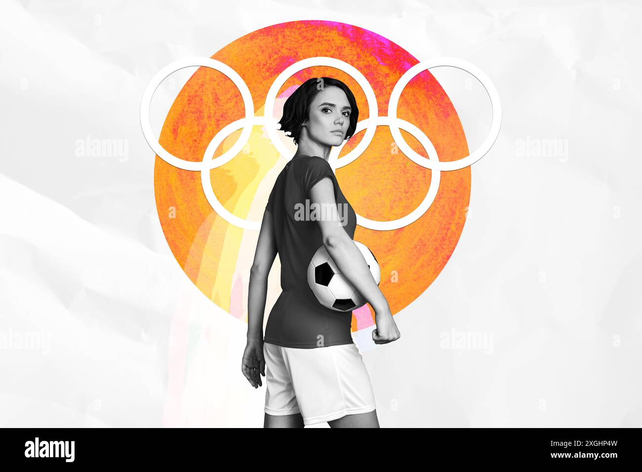 3d retro creative artwork template collage of young female football player olympic games sport ...