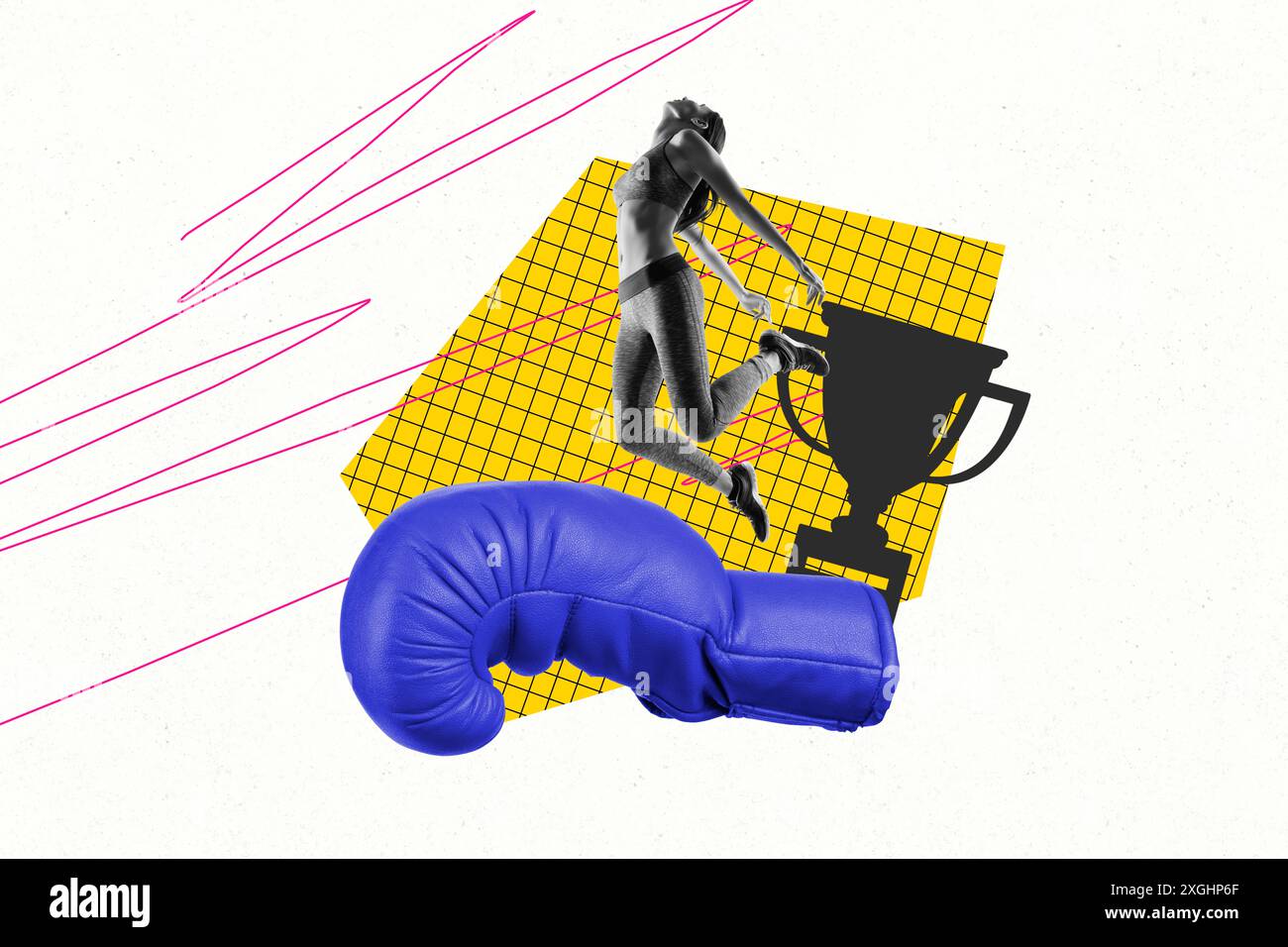 Collage 3d image of pinup pop retro sketch of young female boxer winner ...