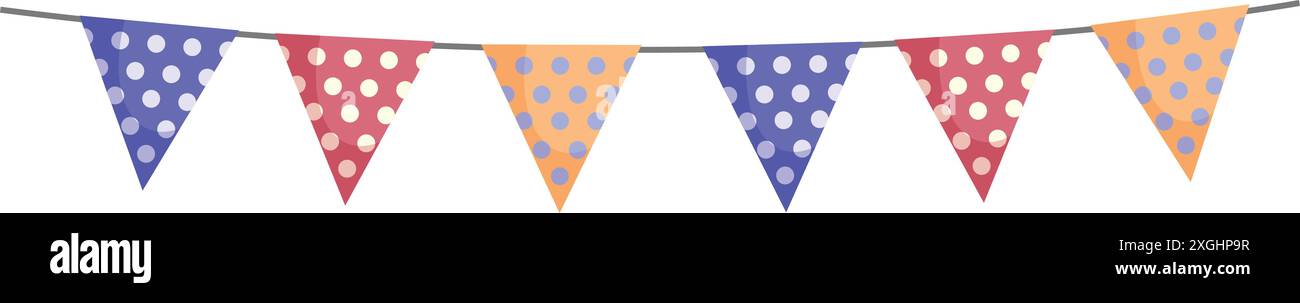 String of colorful triangle flags is hanging on a line, creating a ...