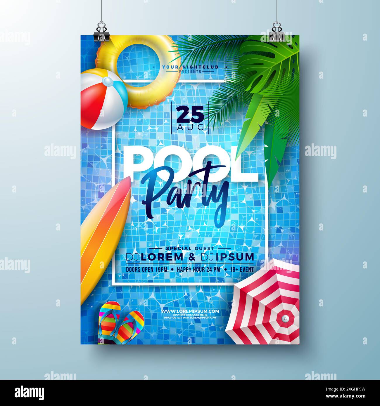 Summer Pool Party Poster Design Template with Palm Leaves, Beach Ball and Float on Blue Wavy ...