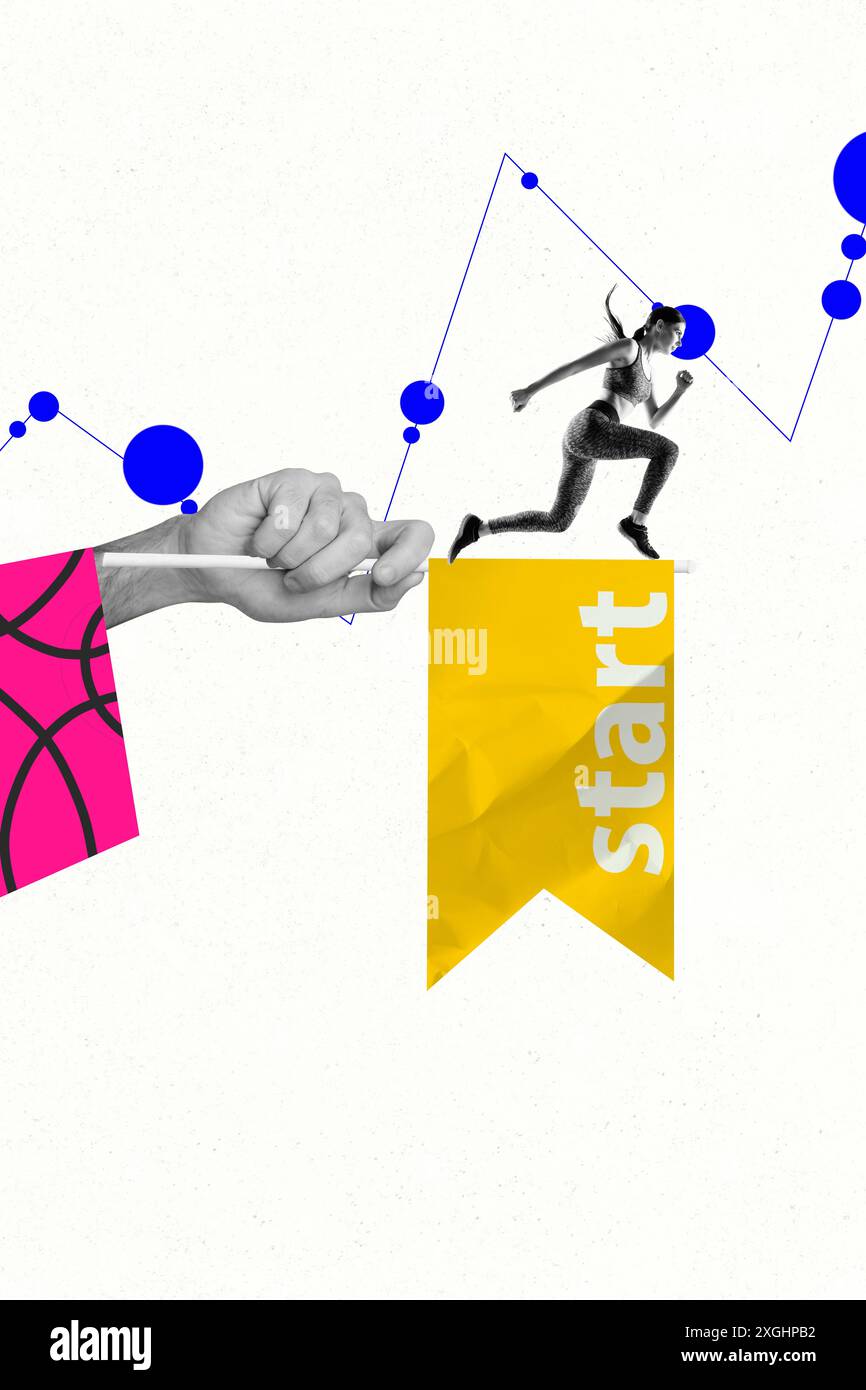 Composite collage image of young female running start line flag olympic ...