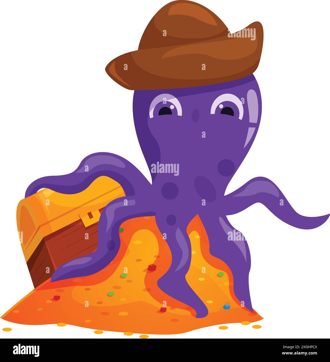 Cartoon octopus with treasure chest standing on a pile of gold, concept ...