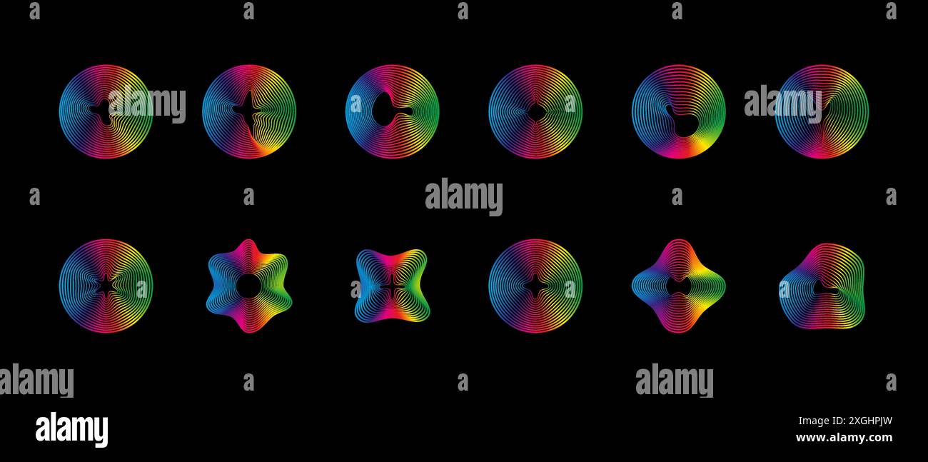 Music equalizers and sound waves. Vector set of radial curves spectrum of radio wave ...