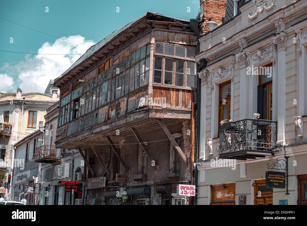 Tbilisi, Georgia - 23 JUNE, 2024: Traditional ornamental oriel windows ...
