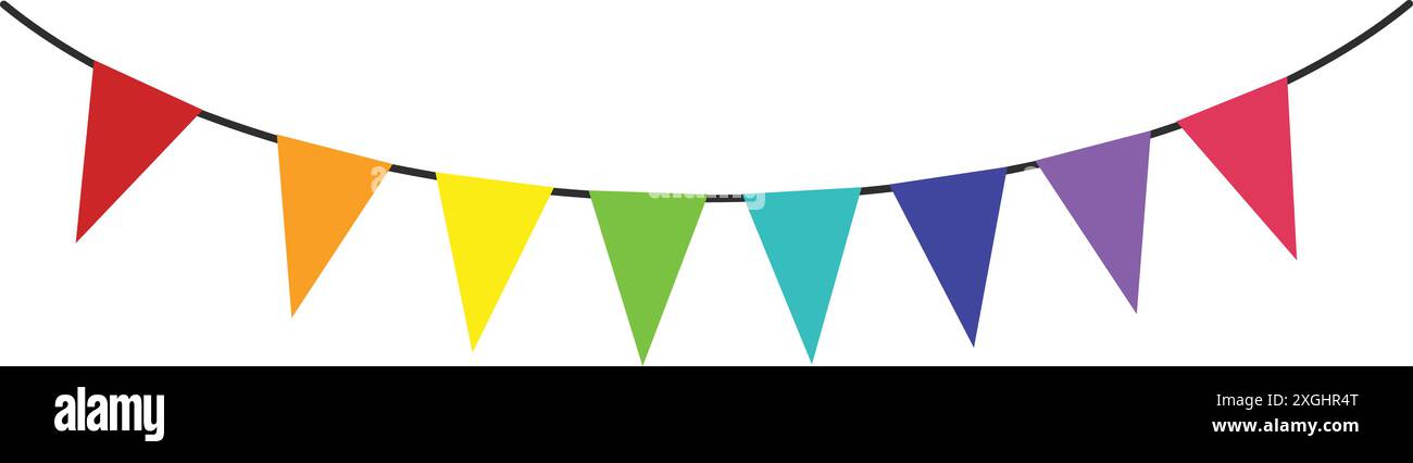 String of colorful triangle flags is hanging in front of a white ...