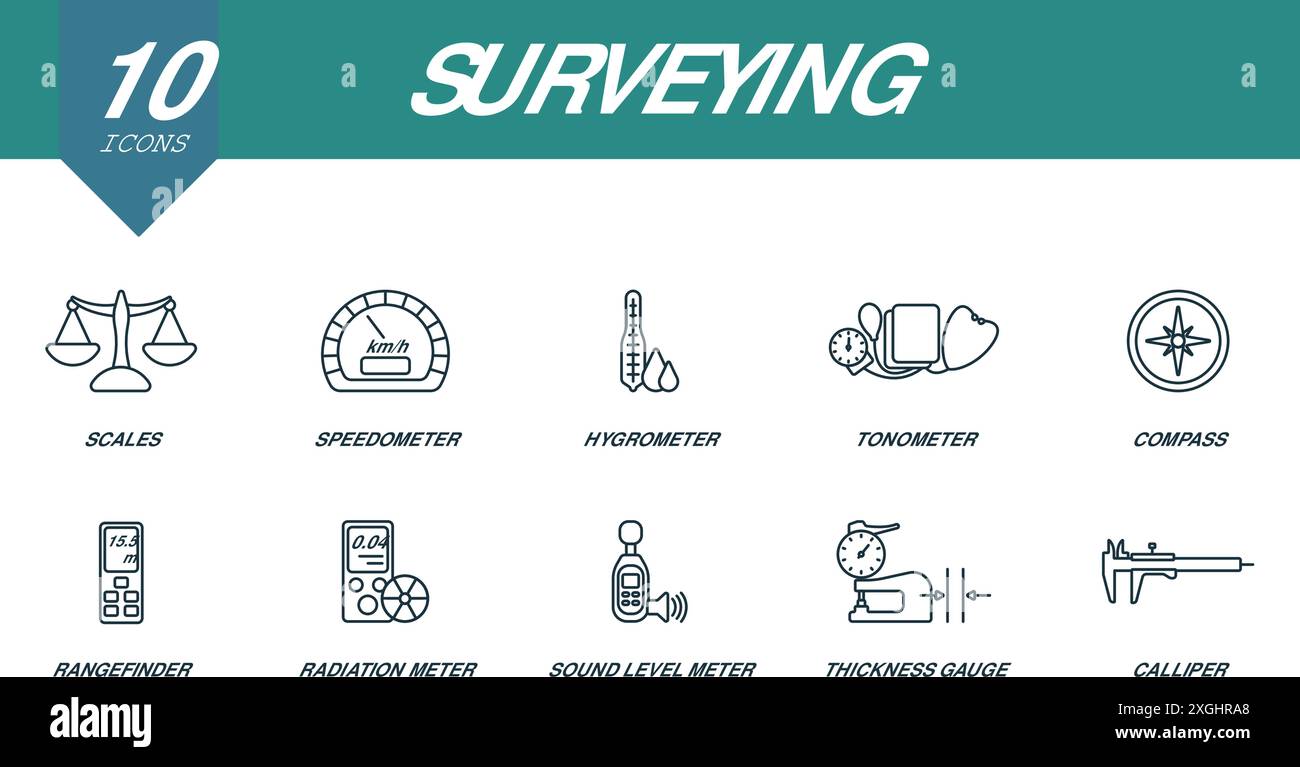 Surveying outline icons set. Creative icons: scales, speedometer ...
