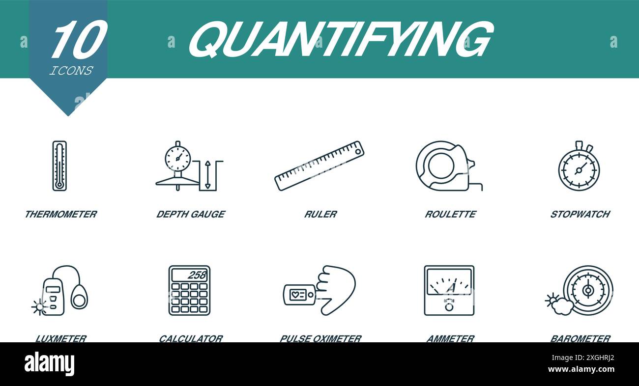 Quantifying outline icons set. Creative icons: thermometer, depth gauge, ruler, roulette ...