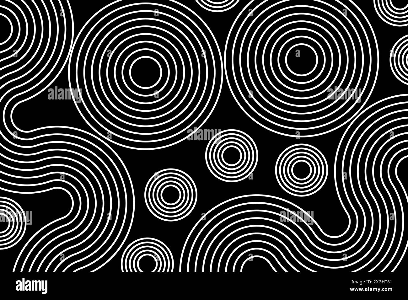 Abstract white lines circles on black background, linear swirls path ...