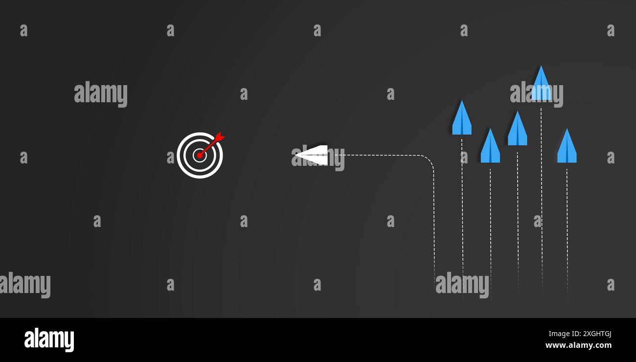 White plane flying turn away from group towards target on black ...
