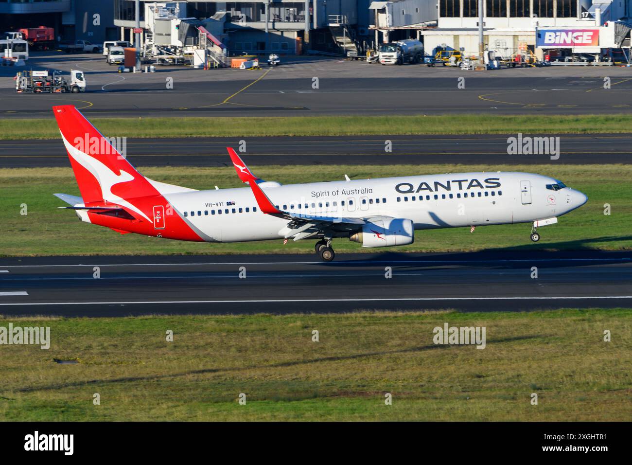 Qantas Airways Boeing 737 aircraft landing at Sydney Airport. Airplane ...