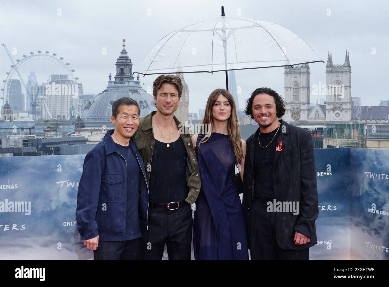 (left to right) Director Lee Isaac Chung, Glen Powell, Daisy Edgar ...