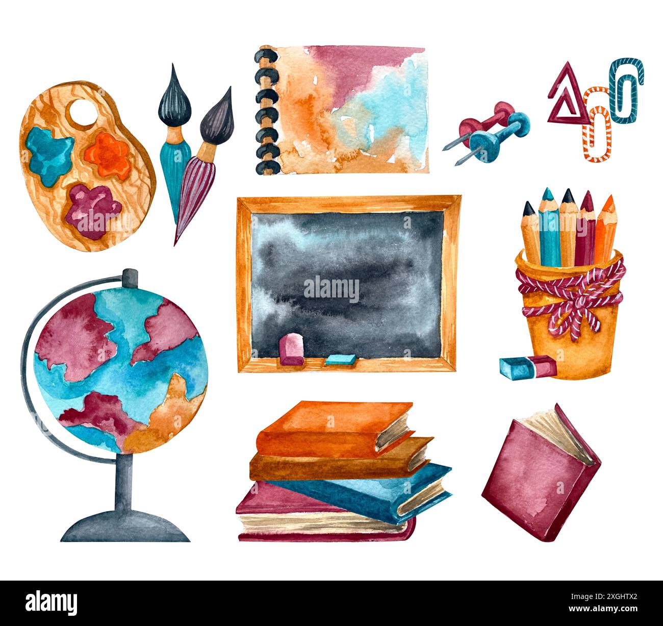 Watercolor hand drawing illustration school days education equipment ...