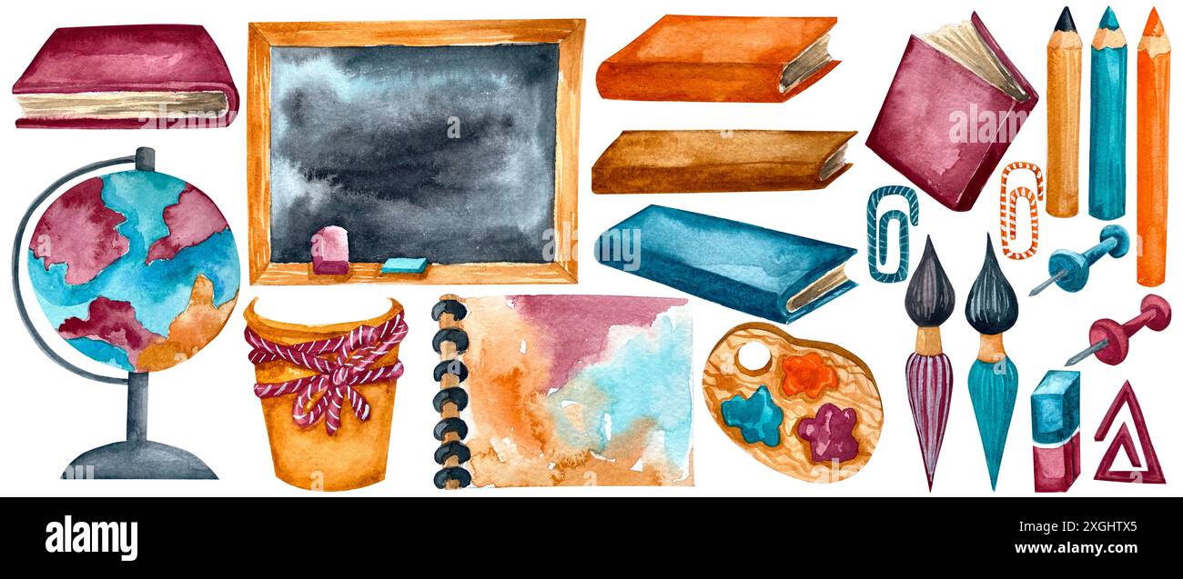 Watercolor hand drawing illustration school days education equipment ...