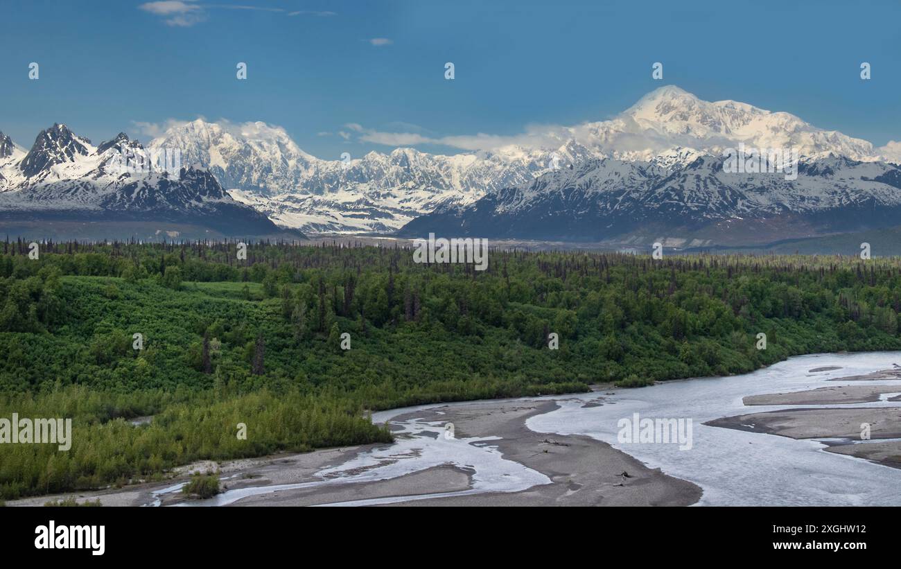 Mount Denali Mckinley mountain range snow capped summer clear sky blue ...